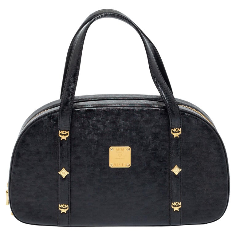 MCM Black Leather Motif Dome Satchel For Sale at 1stDibs