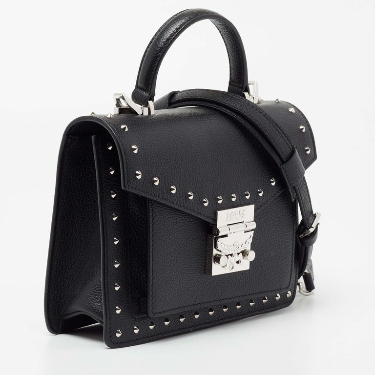 MCM Black Leather Patricia Studded Top Handle Bag at 1stDibs