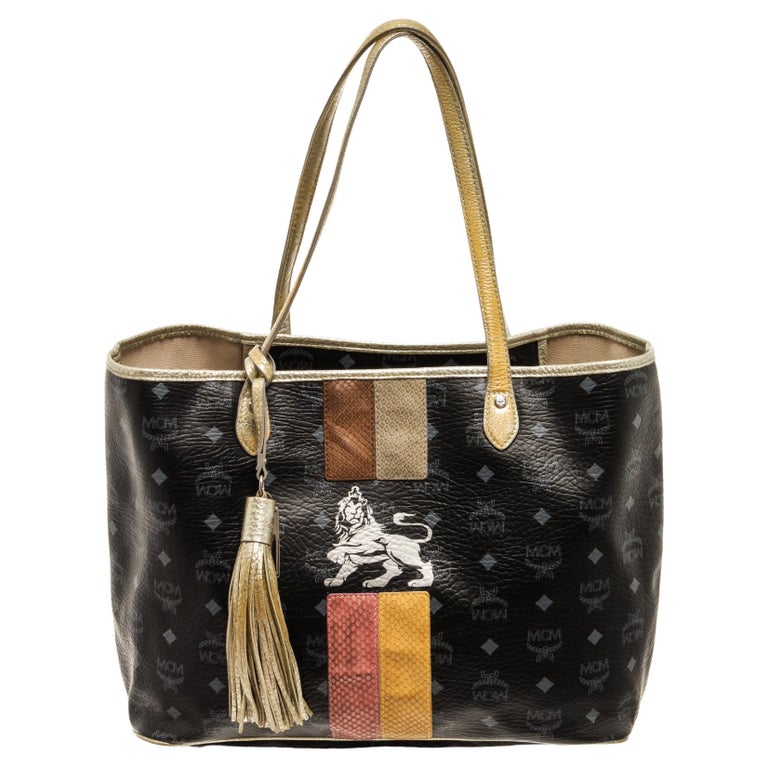 MCM Black Monogram Visetos Logo Lion Liz Shopper Tote Bag For Sale at ...