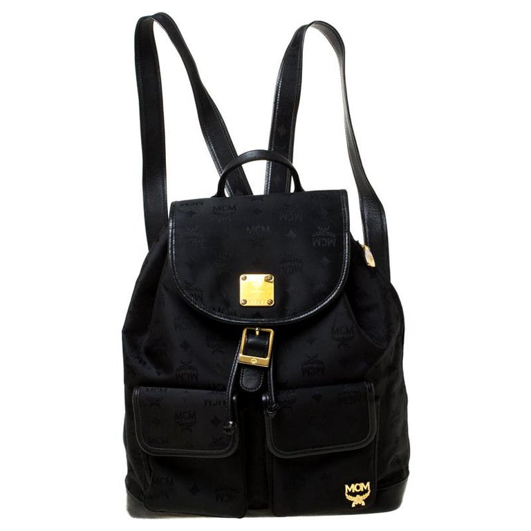 MCM Black Nylon and Leather Drawstring Backpack For Sale at 1stDibs