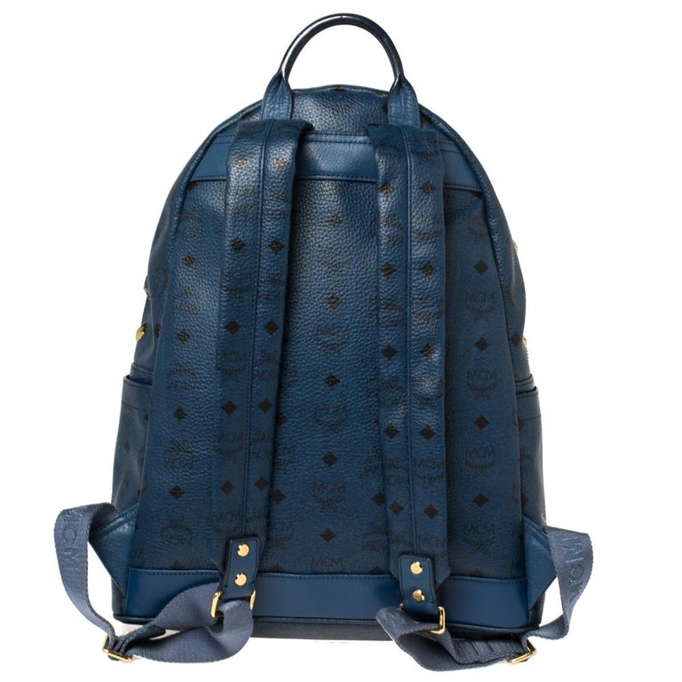 MCM Blue Coated Canvas and Leather Large Studs Stark Backpack at 1stDibs