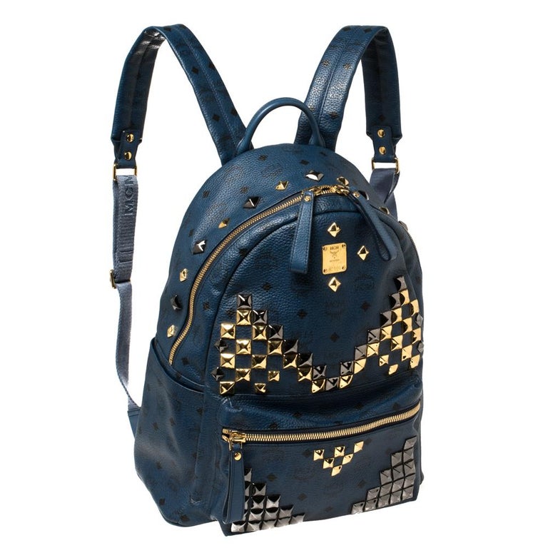 MCM Blue Coated Canvas and Leather Large Studs Stark Backpack at 1stDibs