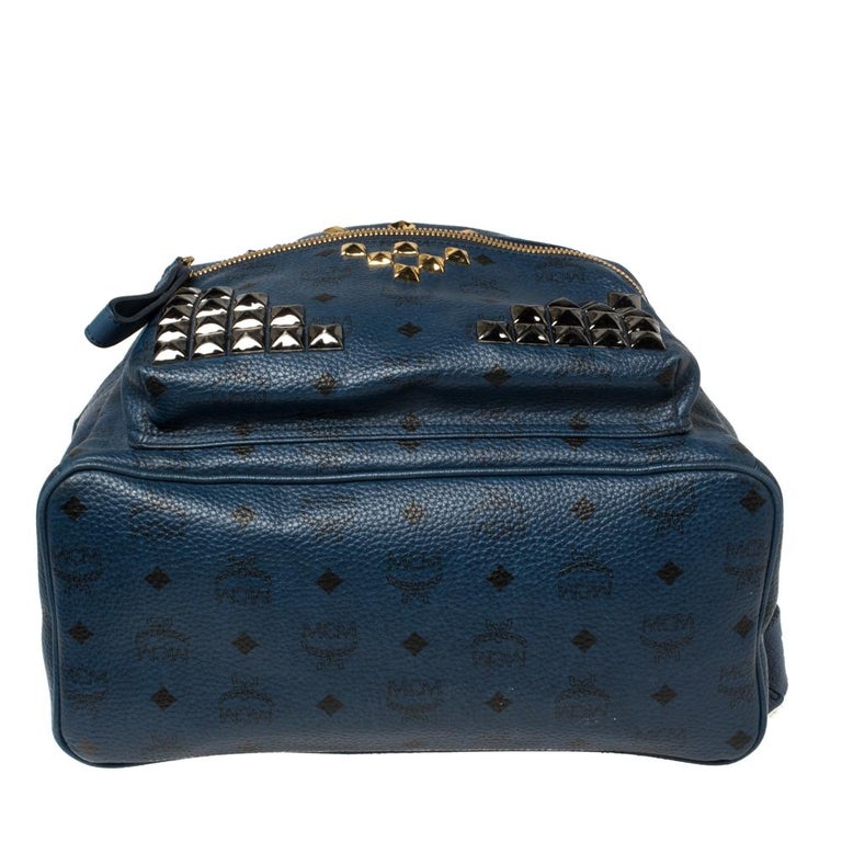 MCM Blue Coated Canvas and Leather Large Studs Stark Backpack at 1stDibs