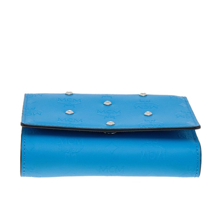 MCM Blue Coated Canvas Studded Claudia Trifold Wallet at 1stDibs
