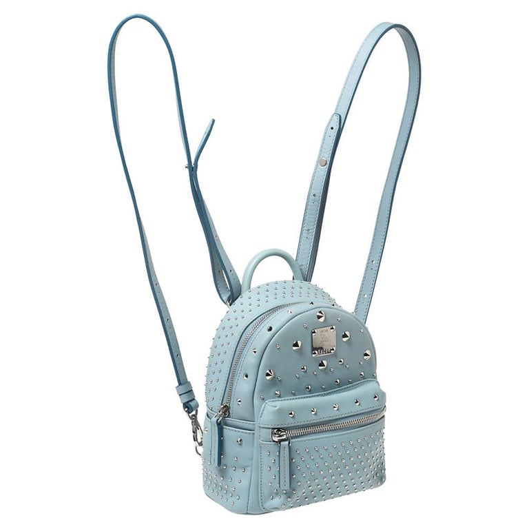 MCM Blue Leather X Mini Studded Strak-Bebe Boo Backpack For Sale at 1stDibs