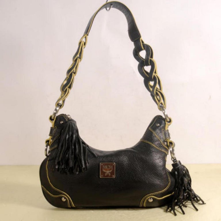 MCM Braided Handle 869333 Black Leather Shoulder Bag For Sale at 1stDibs