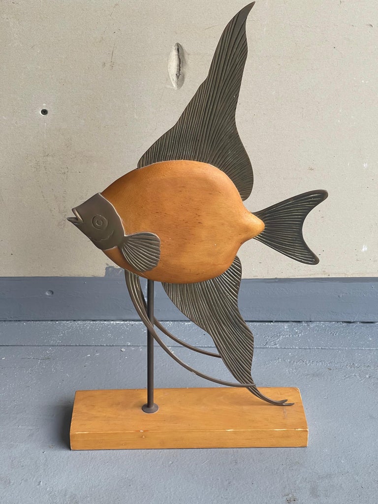 MCM Brass and Wood Angel Fish Sculpture by Frederick Cooper For Sale at ...