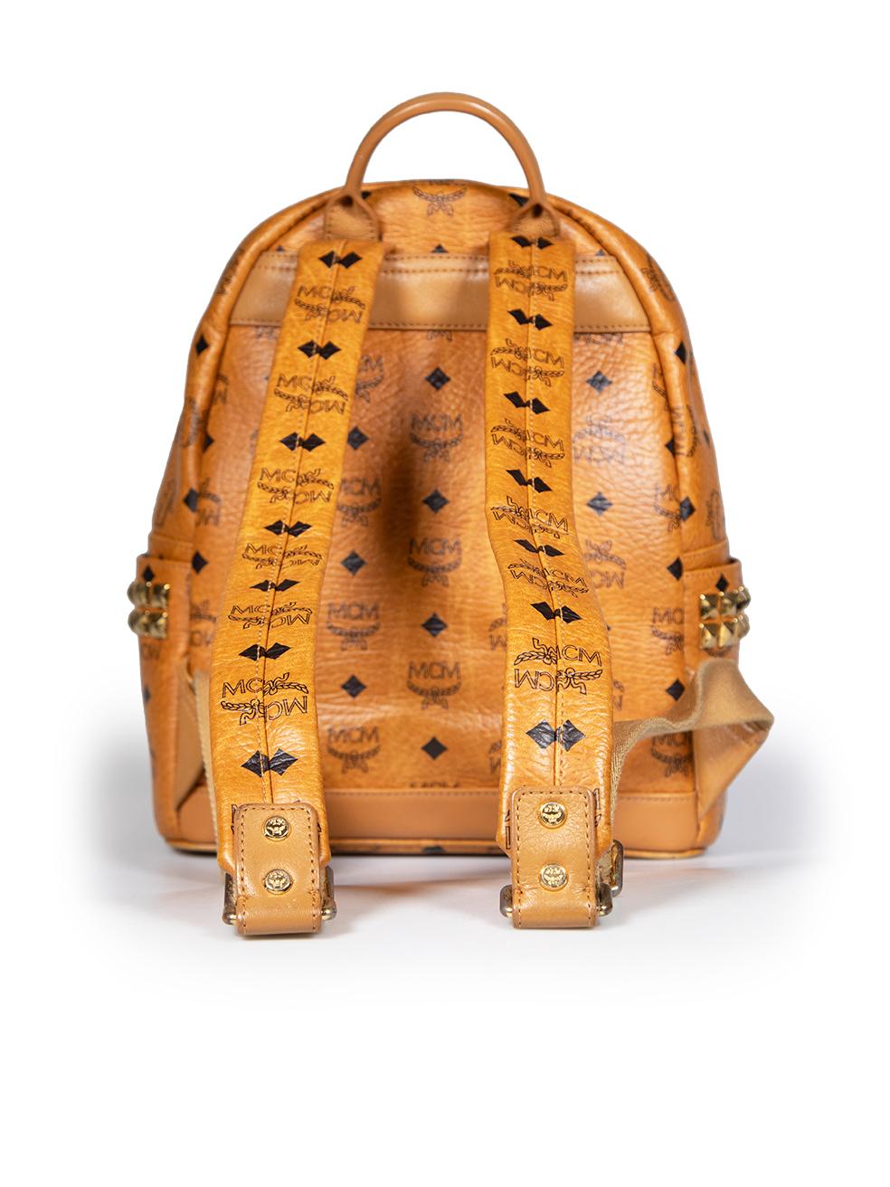 MCM Brown Leather Logo Print Backpack For Sale at 1stDibs