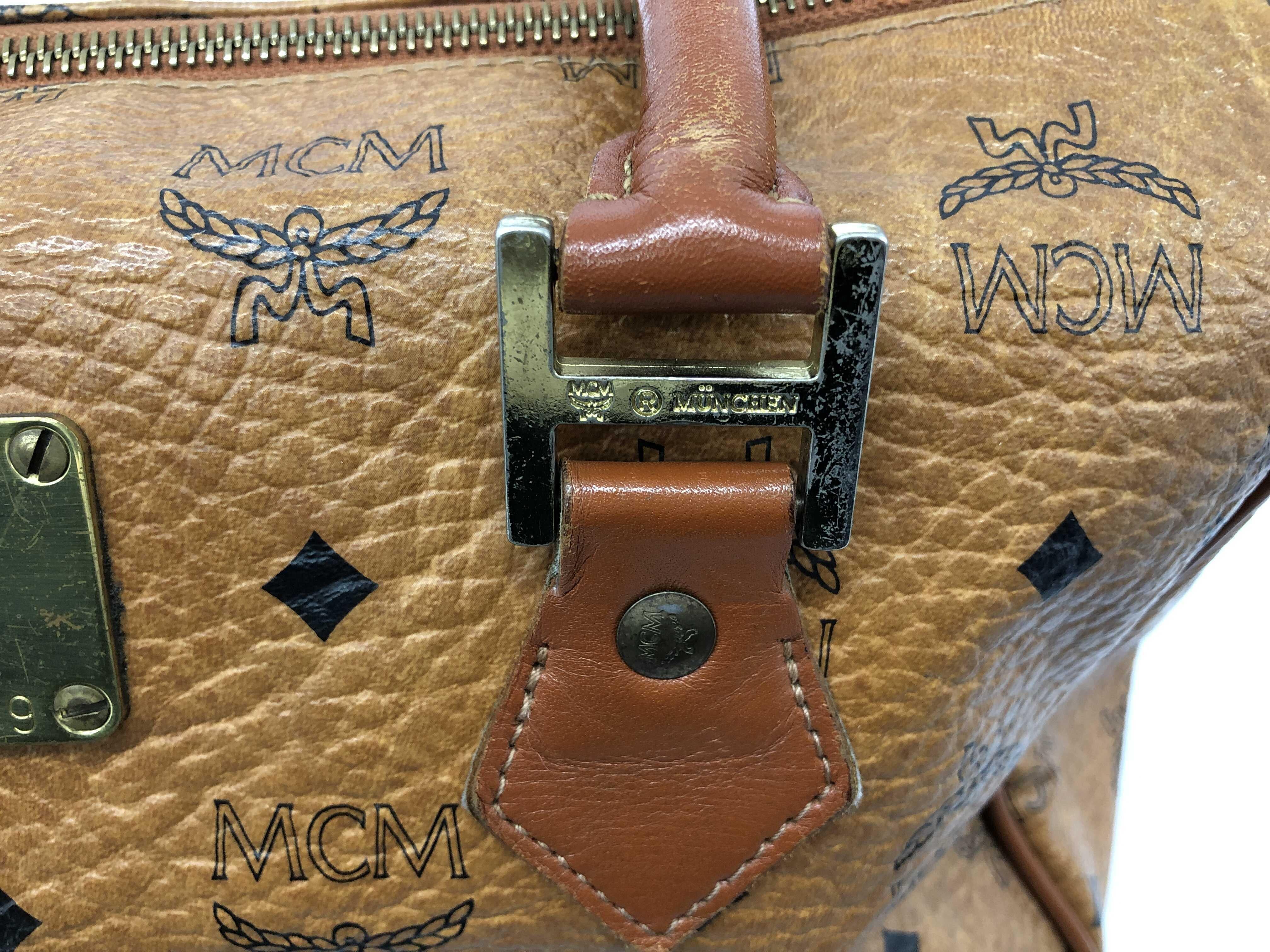 MCM Brown Monogram Visetos Canvas Leather Boston Bag For Sale at ...