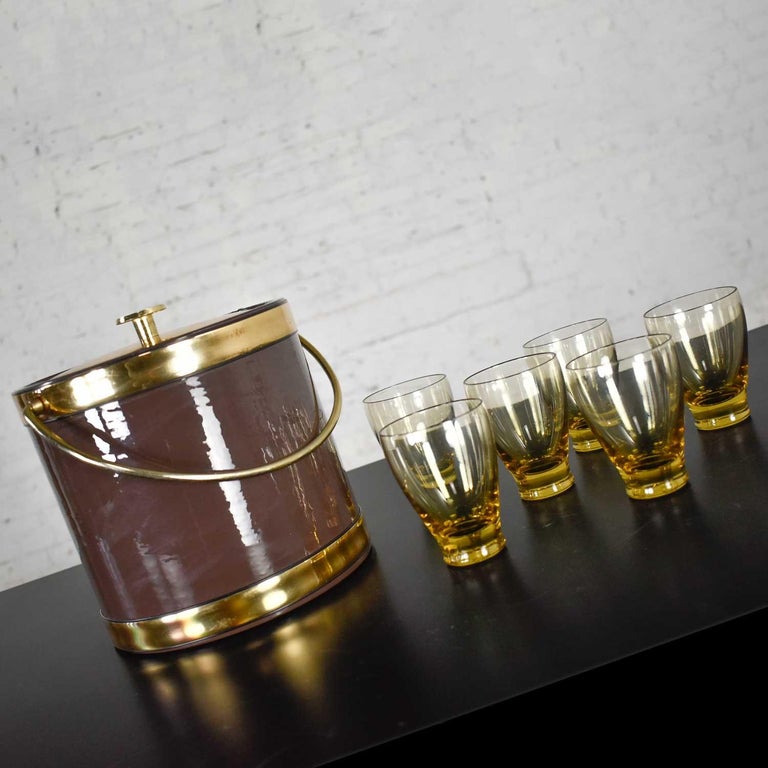 MCM Brown Vinyl and Gold Kraftware Ice Bucket and 6 Bar Glasses Style ...