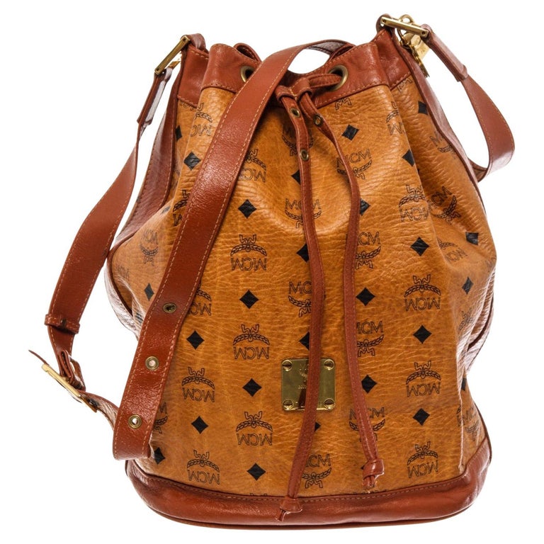 MCM Brown Visetos Leather Drawstring Bucket Bag at 1stDibs