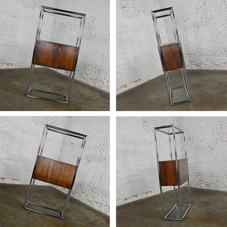 MCM Chrome and Walnut Veneer Display Cabinet or Room Divider 3 Piece ...