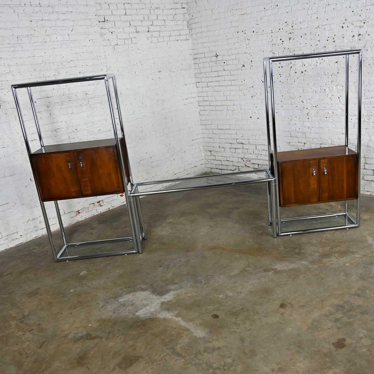 MCM Chrome and Walnut Veneer Display Cabinet or Room Divider 3 Piece ...