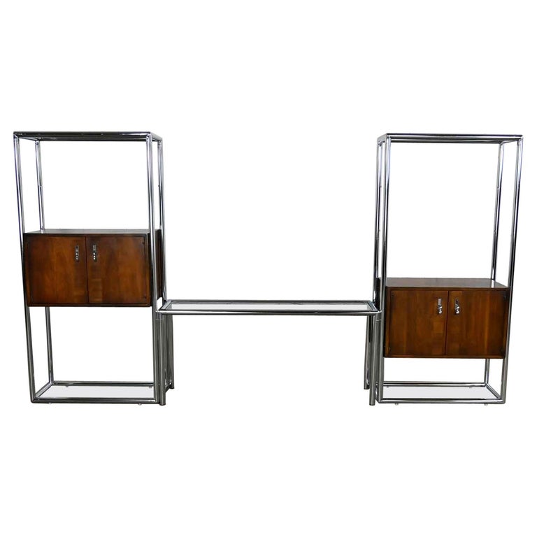 MCM Chrome and Walnut Veneer Display Cabinet or Room Divider 3 Piece ...