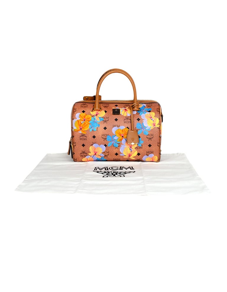 MCM Cognac Monogram Orchid Floral Visetos Medium Essential Boston Bag For Sale at 1stDibs | mcm ...