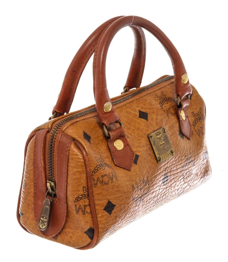 MCM Cognac Visetos Coated Canvas Mini Boston Bag at 1stDibs
