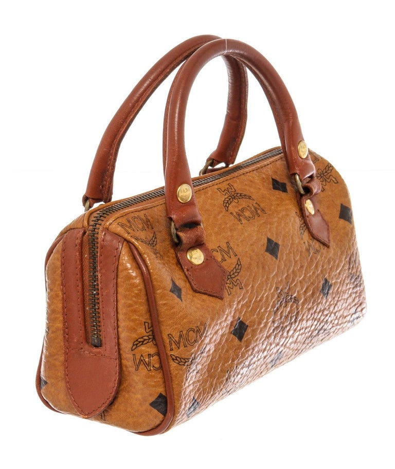 MCM Cognac Visetos Coated Canvas Mini Boston Bag at 1stDibs