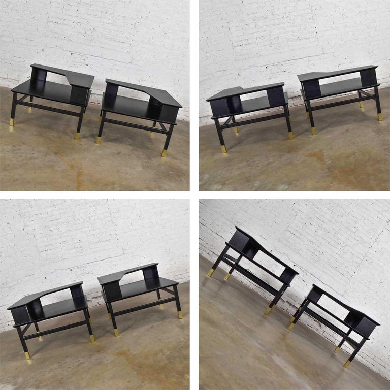 MCM Corner Step Tables a Pair Black with Brass Sabots Style of Harvey ...