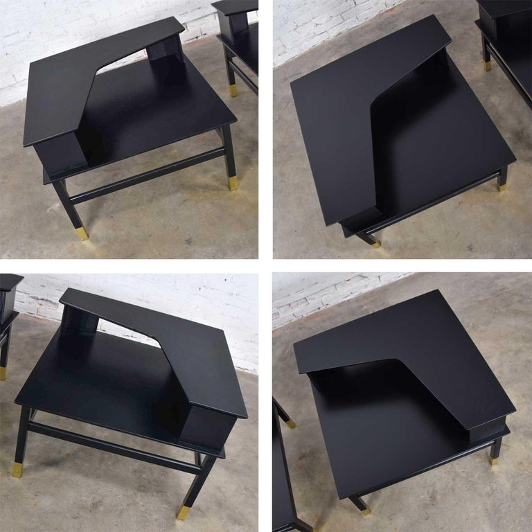 MCM Corner Step Tables a Pair Black with Brass Sabots Style of Harvey ...