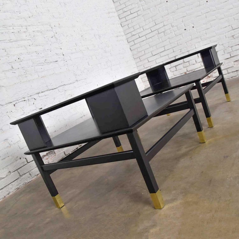 MCM Corner Step Tables a Pair Black with Brass Sabots Style of Harvey ...