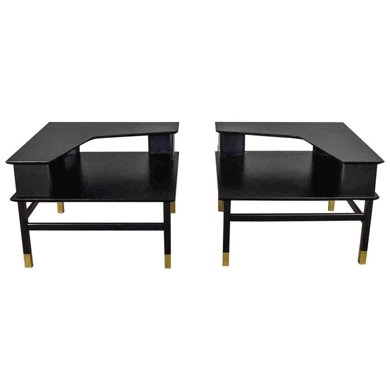 MCM Corner Step Tables a Pair Black with Brass Sabots Style of Harvey ...