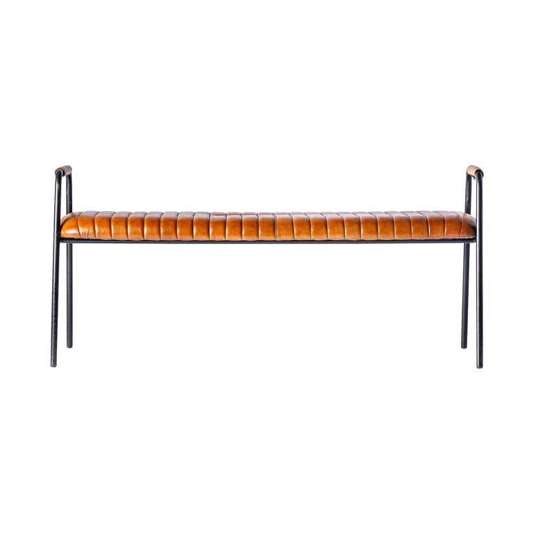 MCM Design and Vintage Style Cognac Leather and Black Metal Bench For ...