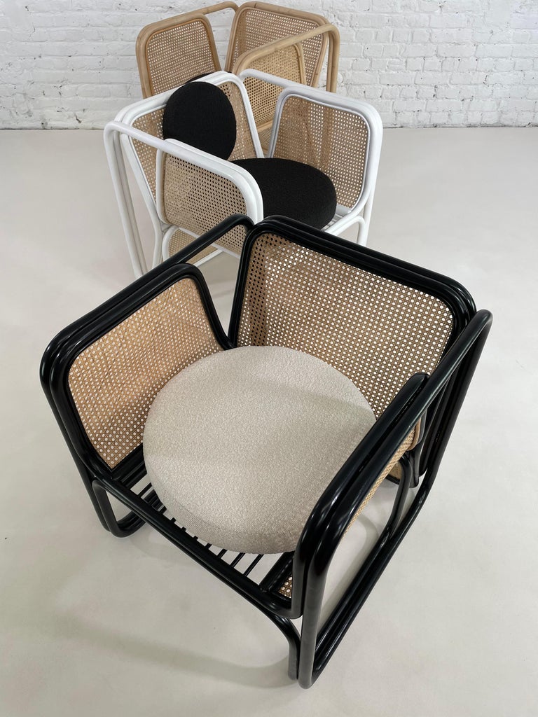 MCM Design Style Rattan and Wicker Large Armchair with Boucle Fabric ...