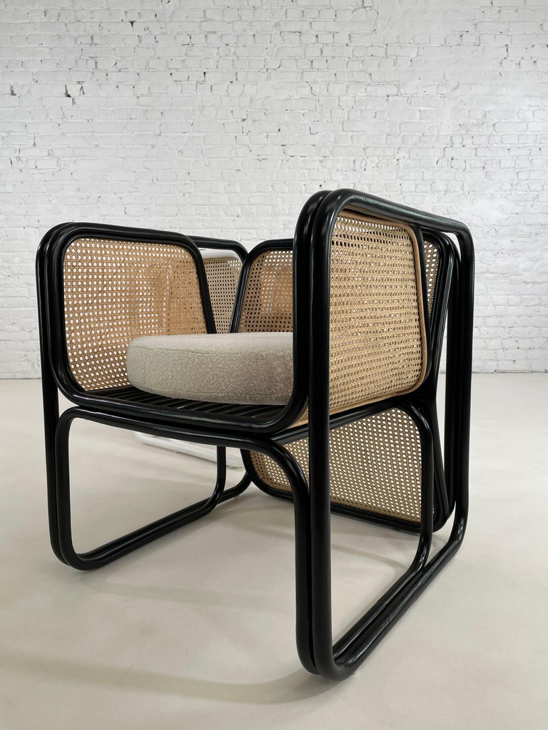 MCM Design Style Rattan and Wicker Large Armchair with Boucle Fabric ...