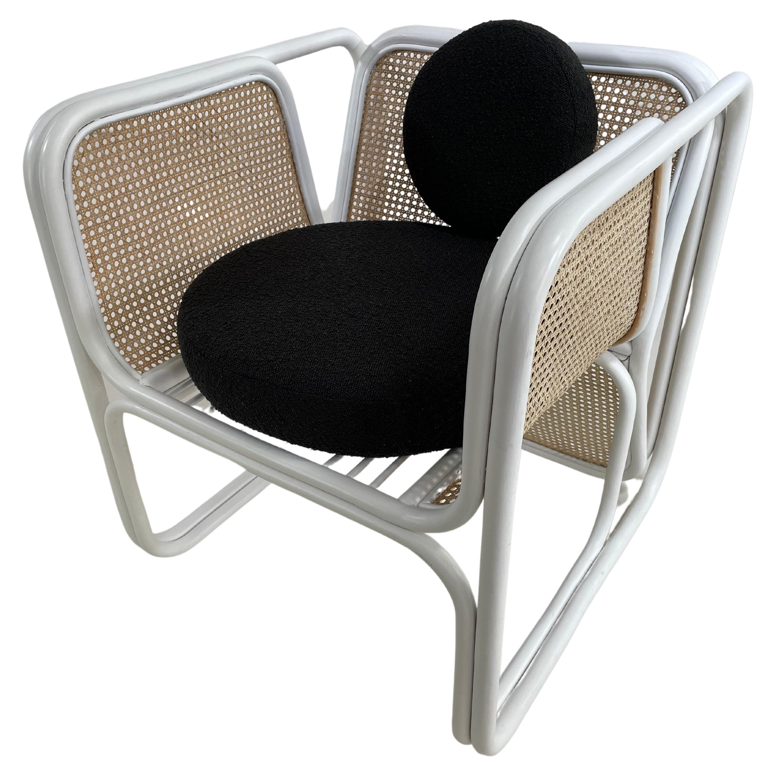 MCM Design Style Rattan and Wicker Large Armchair with Boucle Fabric ...