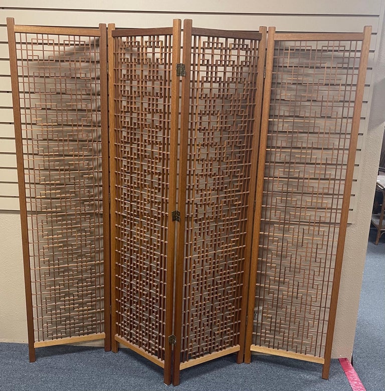MCM Four Panel Teak Folding Screen with Square Lattice Design at 1stDibs