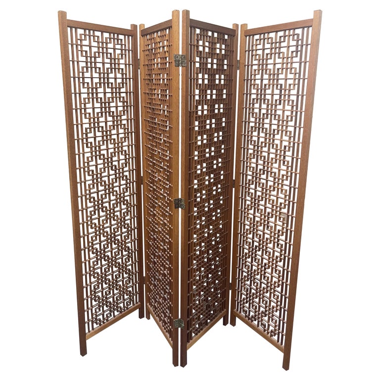 MCM Four Panel Teak Folding Screen with Square Lattice Design at 1stDibs