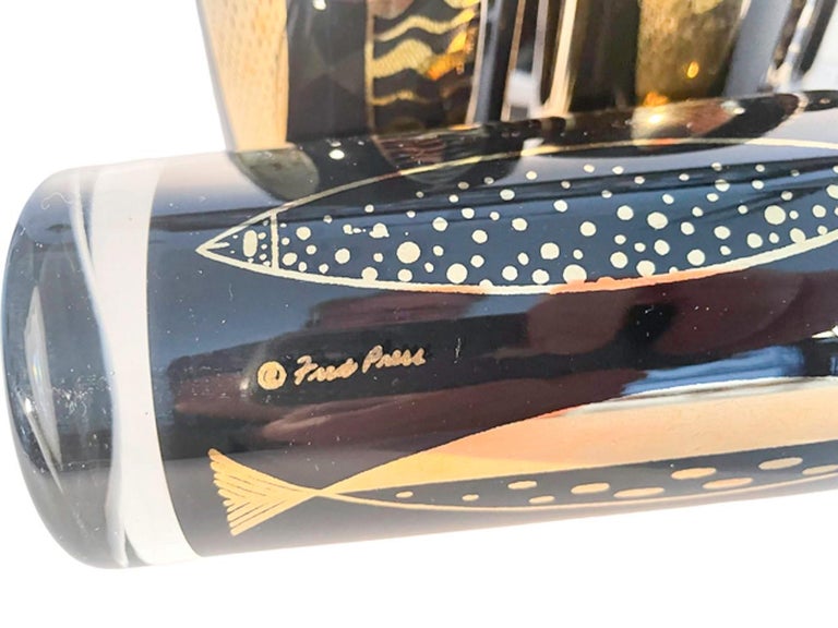MCM, Fred Press "Gold Fish" Highball Glasses, 22 Karat Gold on Black ...