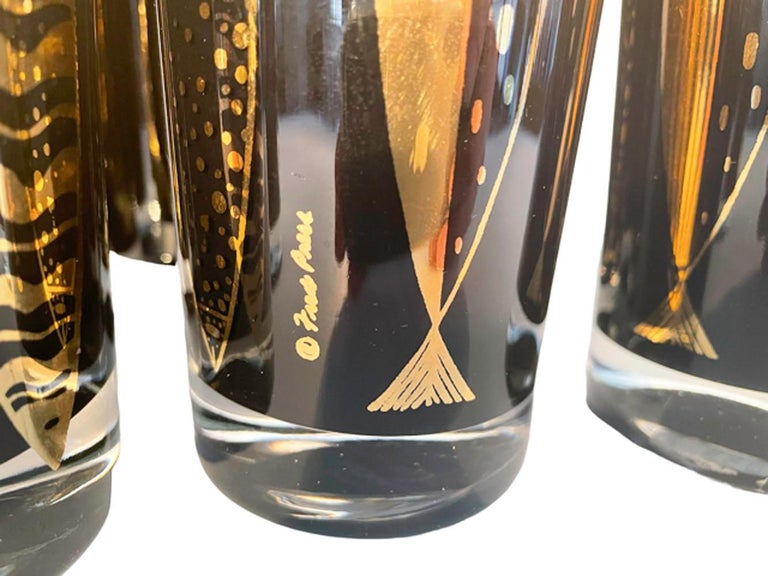 MCM, Fred Press "Gold Fish" Highball Glasses, 22 Karat Gold on Black ...