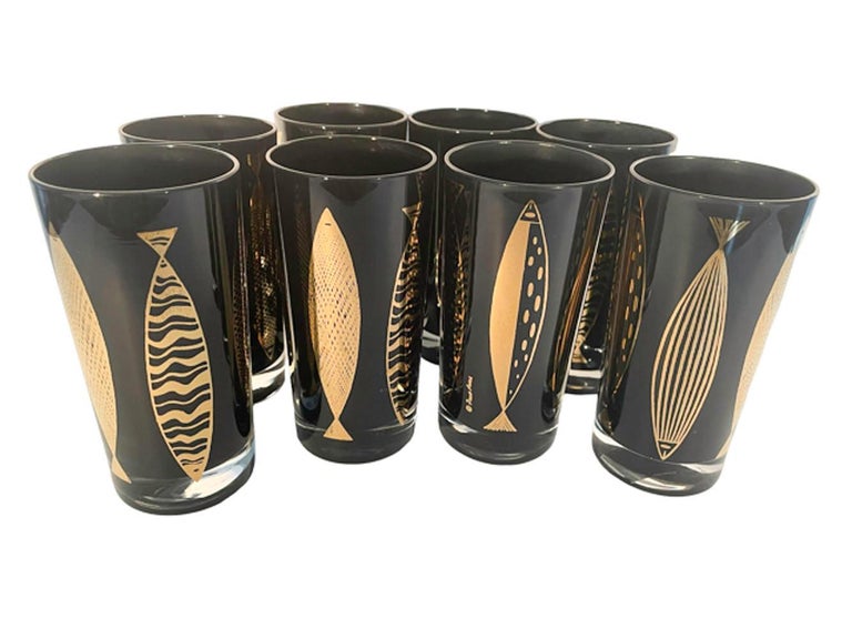 MCM, Fred Press "Gold Fish" Highball Glasses, 22 Karat Gold on Black ...