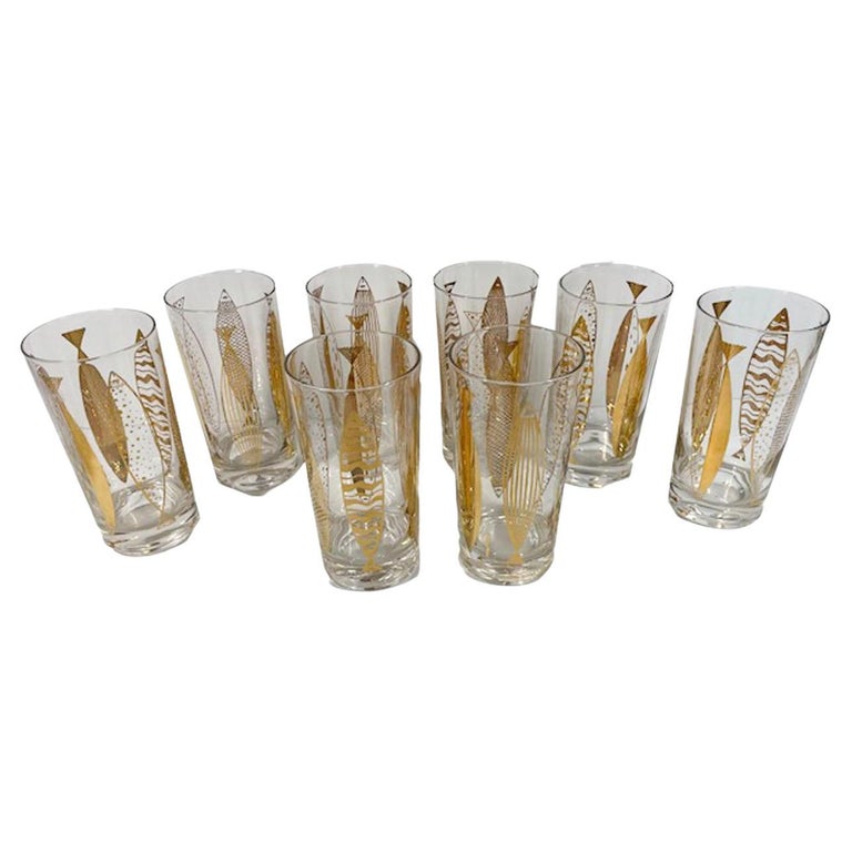 MCM, Fred Press "Gold Fish" Highball Glasses, 22 Karat Gold on Clear ...