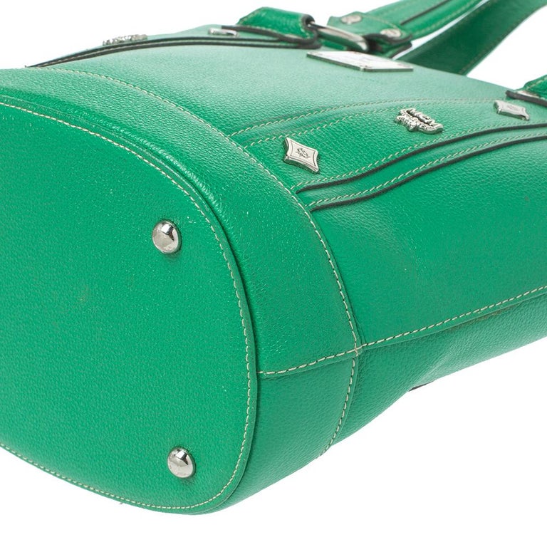 MCM Green Leather Studded Flap Bucket Bag at 1stDibs