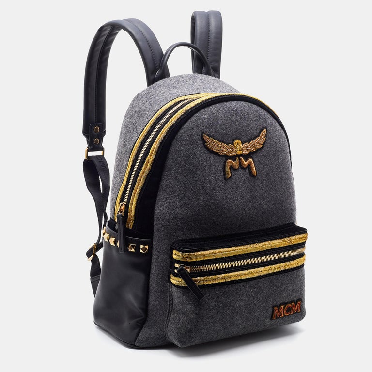 MCM Grey/Black Felt Fabric and Leather Large Stark Loden Backpack For ...