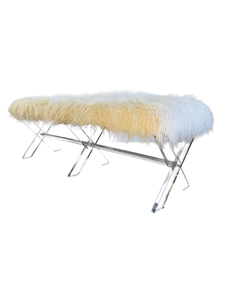 MCM Lucite Bench with Shaggy Seat For Sale at 1stDibs