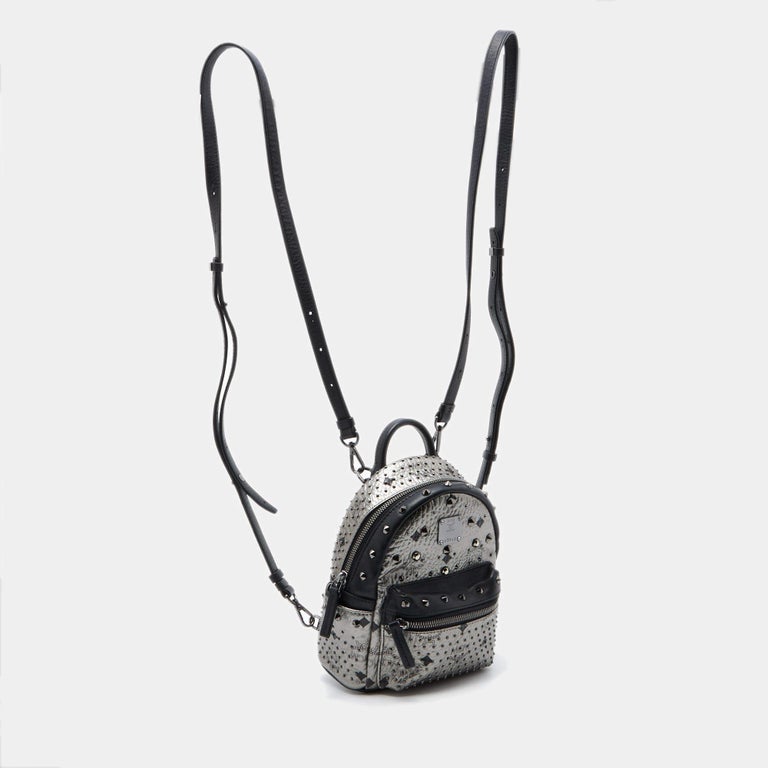MCM Metallic Grey Coated Canvas Mini Visetos Stark Studded Backpack For ...