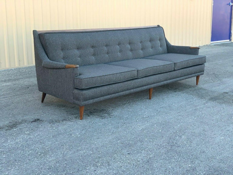 MCM Mid-Century Modern Kroehler Sofa Walnut New Charcoal Gray Tweed ...