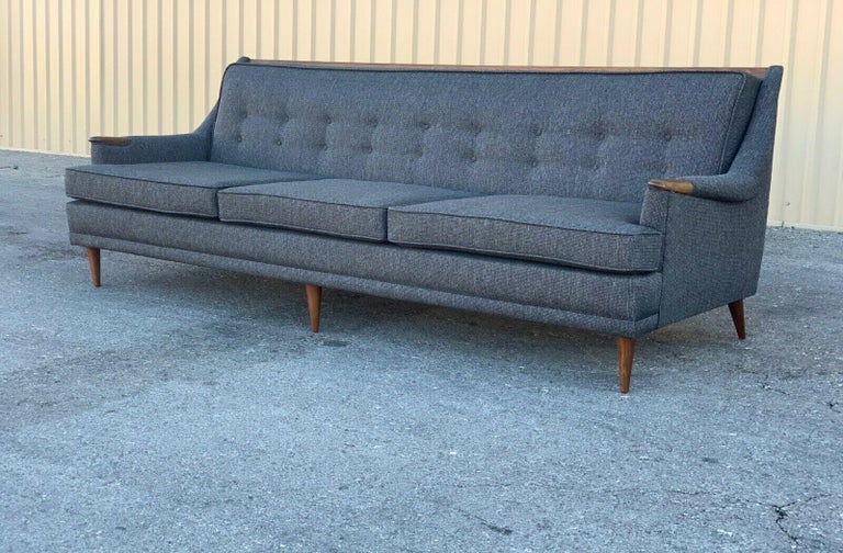 Mcm Mid Century Modern Kroehler Sofa Walnut New Charcoal Gray Tweed