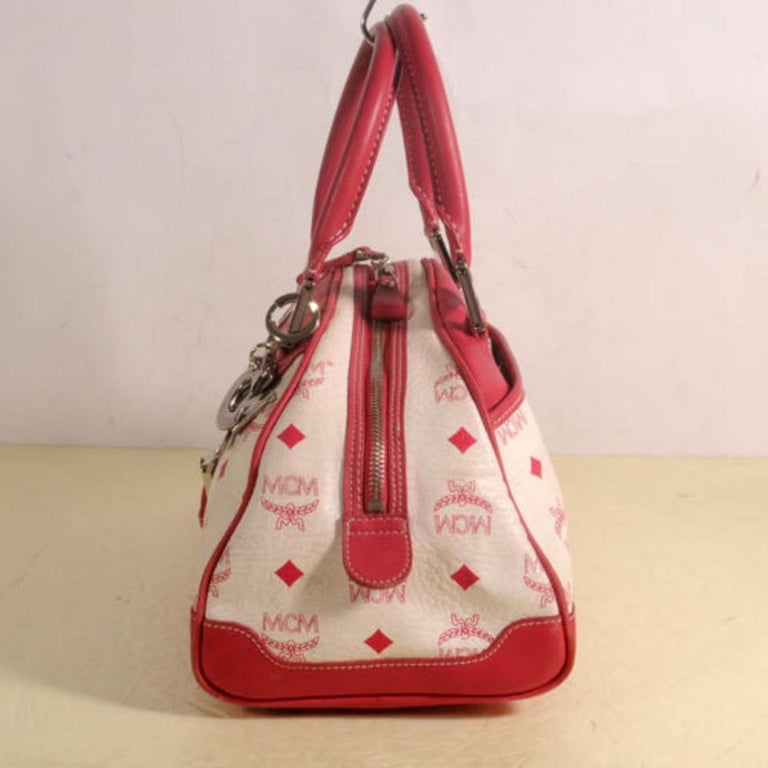 MCM Monogram Visetos Dome Boston 868842 White Coated Canvas Satchel For ...