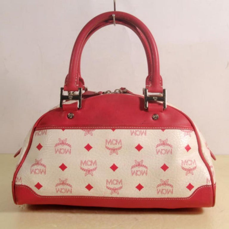MCM Monogram Visetos Dome Boston 868842 White Coated Canvas Satchel For ...