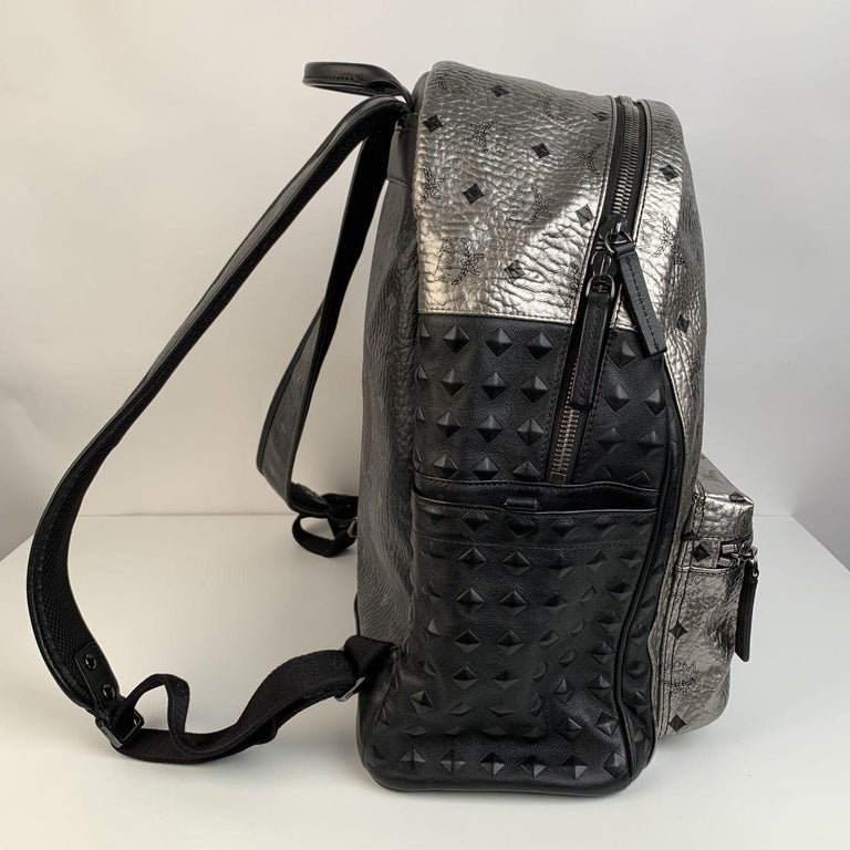 MCM Munchen Silver Black Visetos Studded Lion Stark Backpack Bag For ...