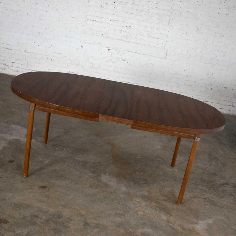 MCM Oval Walnut Toned Expanding Dining Table Chrome Accents and ...