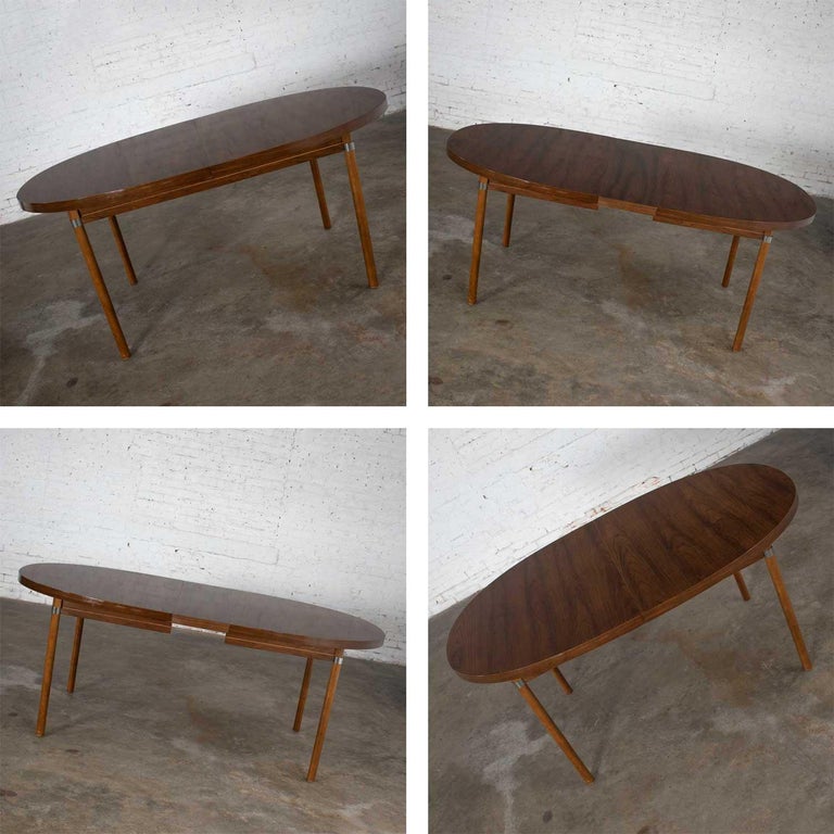 MCM Oval Walnut Toned Expanding Dining Table Chrome Accents and ...