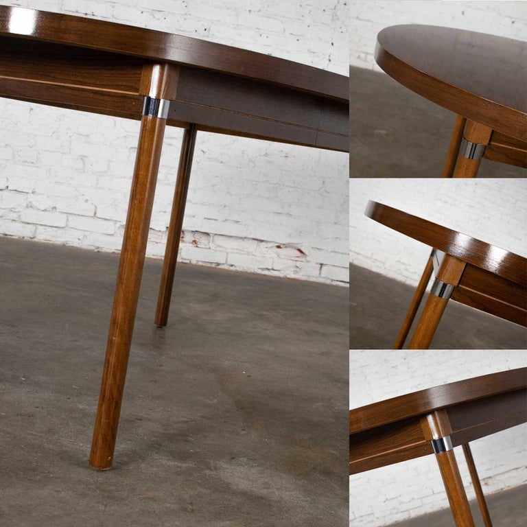 MCM Oval Walnut Toned Expanding Dining Table Chrome Accents and ...