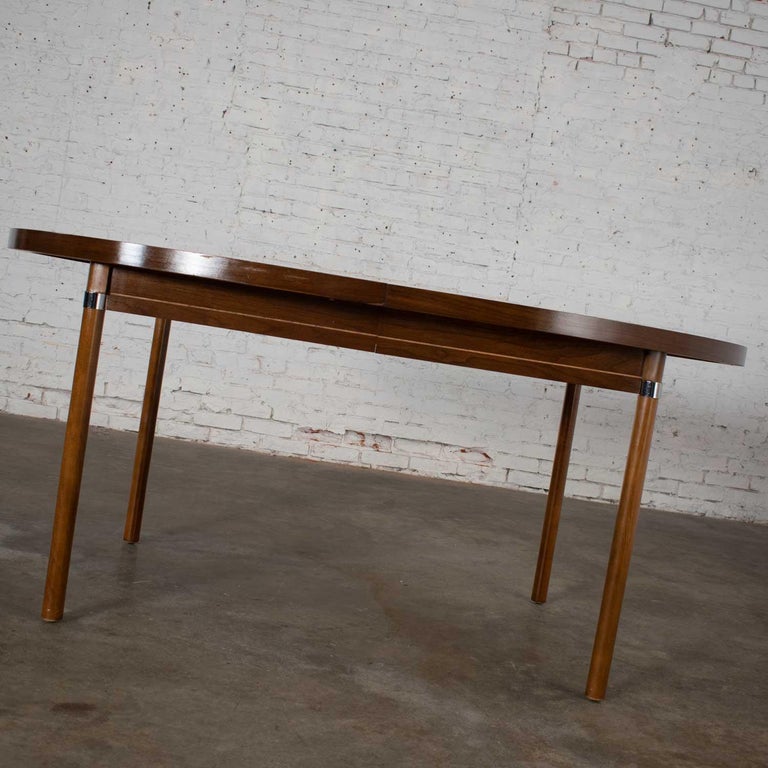 MCM Oval Walnut Toned Expanding Dining Table Chrome Accents and ...