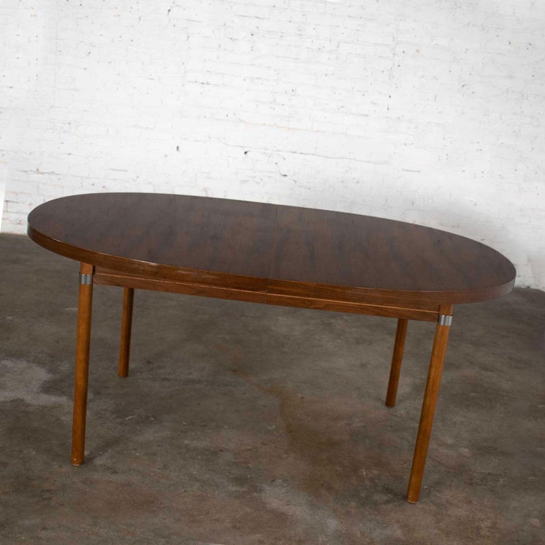 MCM Oval Walnut Toned Expanding Dining Table Chrome Accents and ...