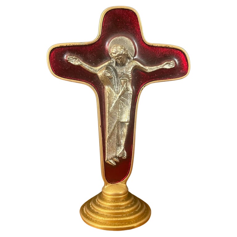 MCM Petite Red Enamel and Brass Crucifix / Cross on Base For Sale at ...